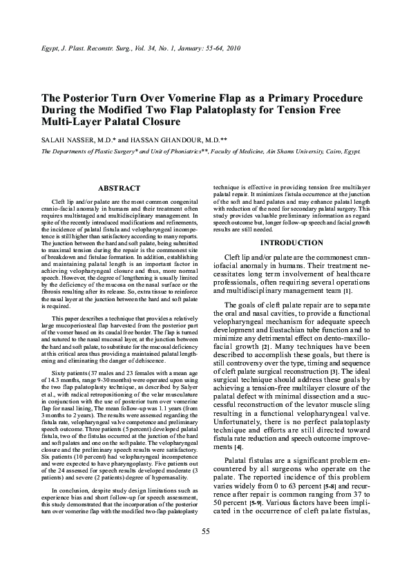 (PDF) The Posterior Turn Over Vomerine Flap as a Primary Procedure ...