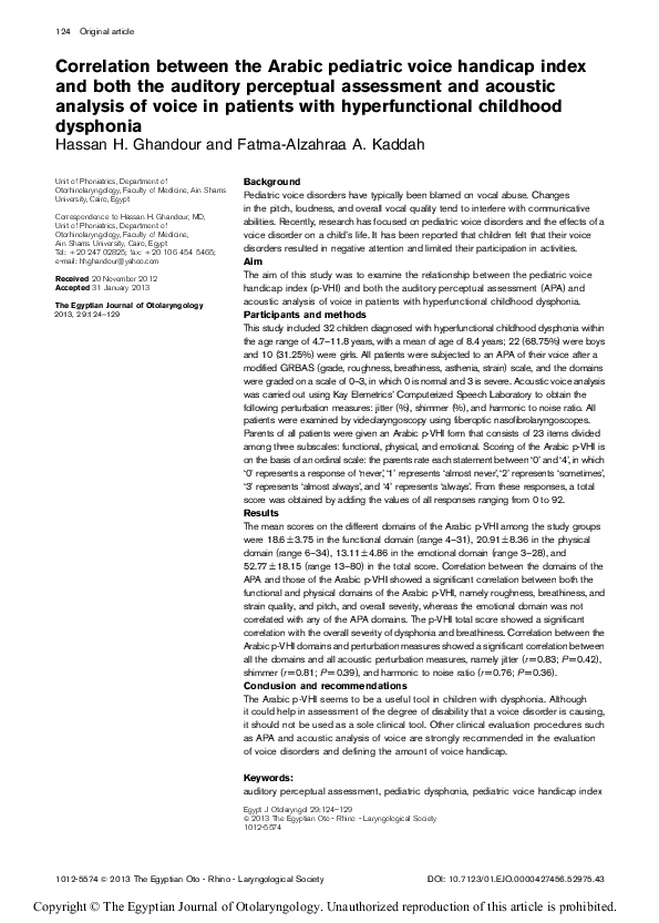 (PDF) Correlation between the Arabic pediatric voice handicap index and ...