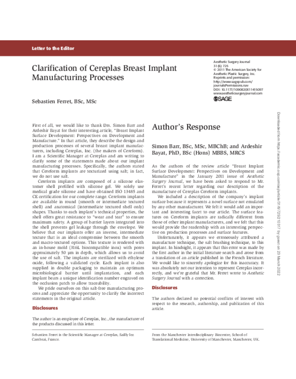 (PDF) Clarification of Cereplas Breast Implant Manufacturing Processes