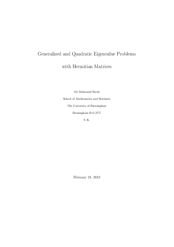 (PDF) Generalized and quadratic eigenvalue problems with hermitian matrices