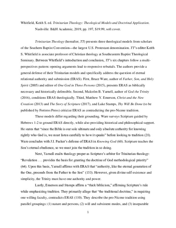 (PDF) Review of Trinitarian Theology: Theological Models and Doctrinal ...