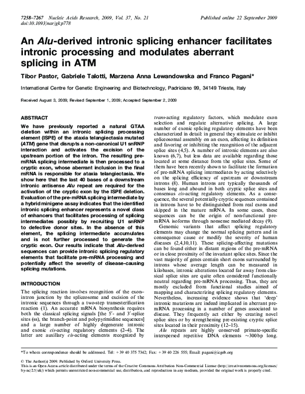 (PDF) An Alu-derived intronic splicing enhancer facilitates intronic ...