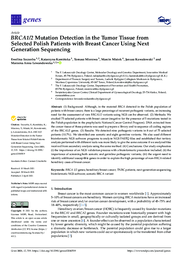 (PDF) BRCA1/2 Mutation Detection in the Tumor Tissue from Selected Polish Patients with Breast ...