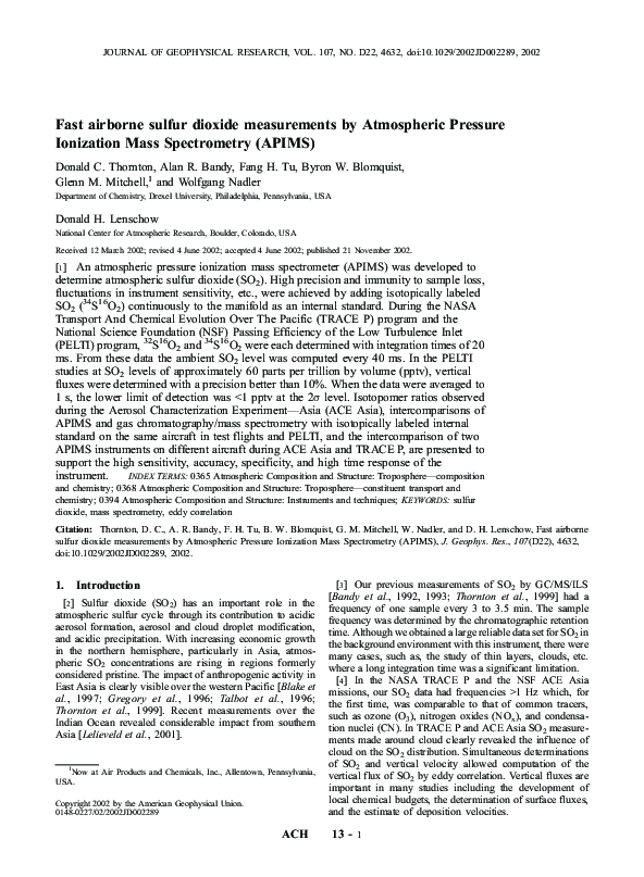 (PDF) Fast airborne sulfur dioxide measurements by Atmospheric Pressure Ionization Mass ...