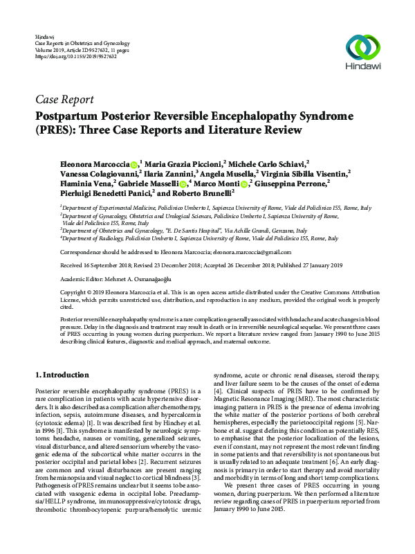 (PDF) Postpartum Posterior Reversible Encephalopathy Syndrome (Pres): A ...