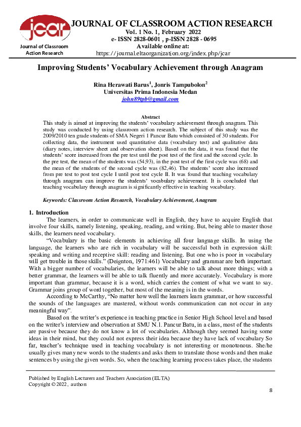 (PDF) Improving Students’ Vocabulary Achievement through Anagram