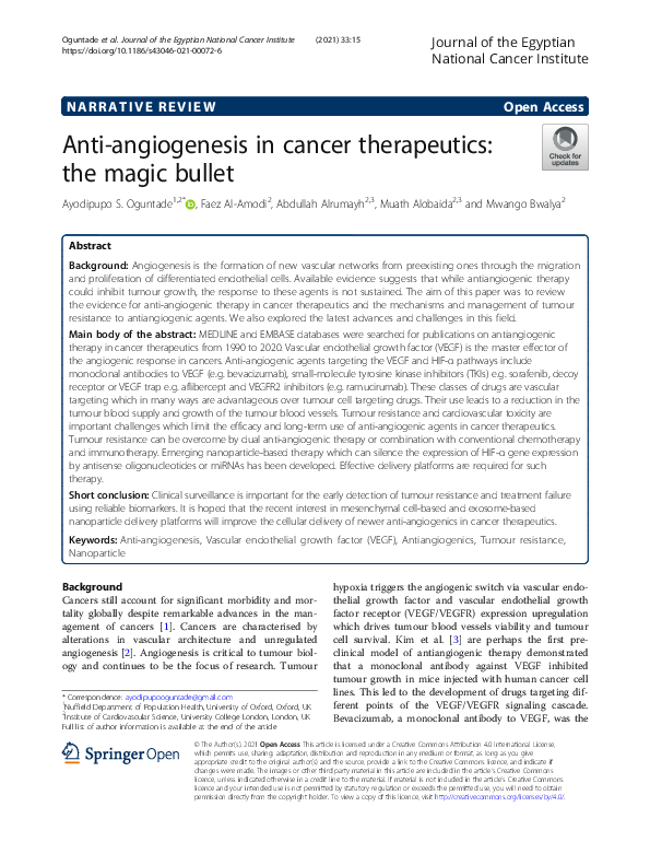 (PDF) Anti-angiogenesis in cancer therapeutics: the magic bullet