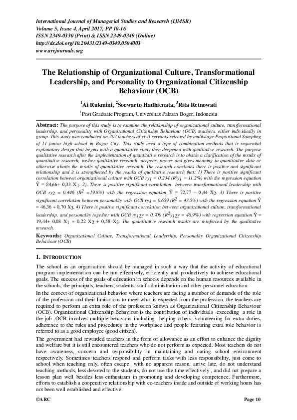 (PDF) The Relationship of Organizational Culture, Transformational Leadership, and Personality ...