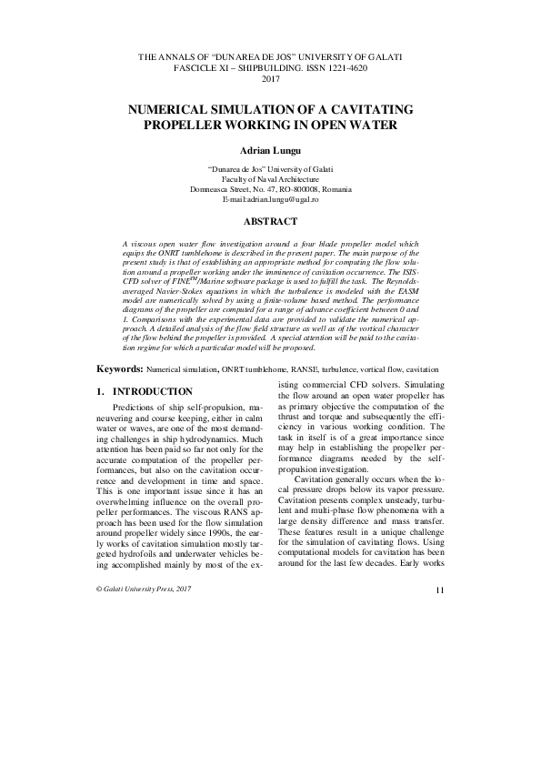 (PDF) Numerical simulation of a cavitating propeller working in open water