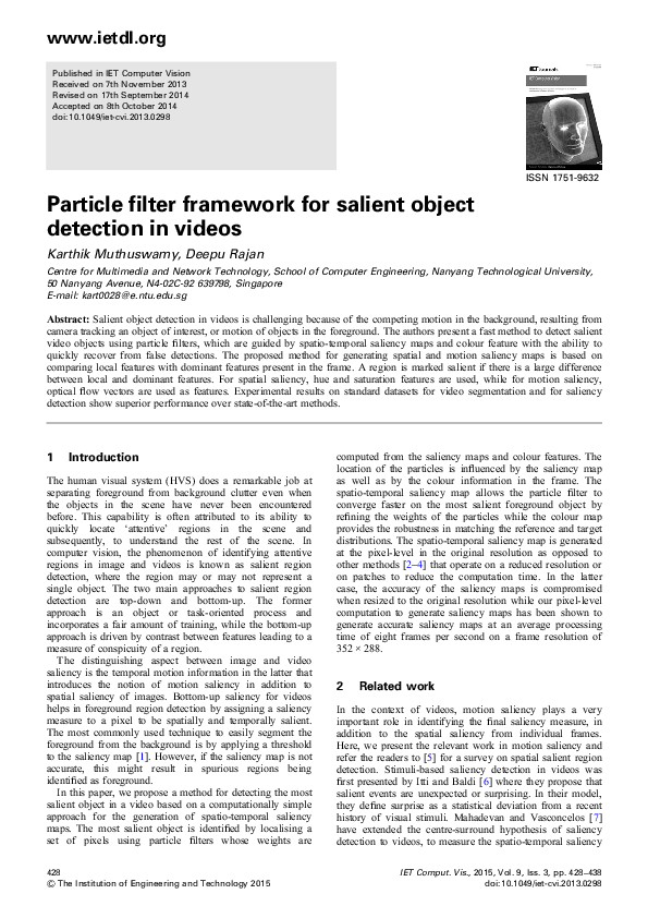 (PDF) Particle filter framework for salient object detection in videos