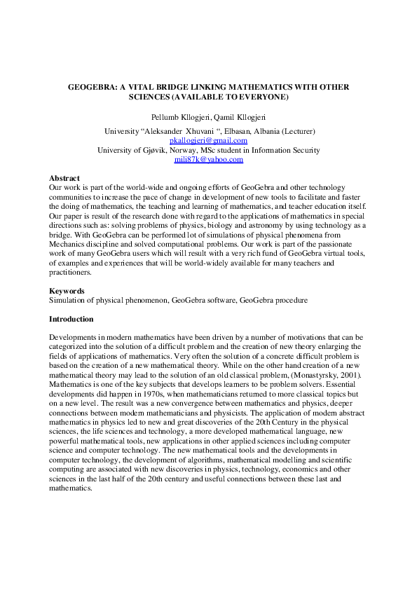 (PDF) Geogebra: A Vital Bridge Linking Mathematics with Other Sciences