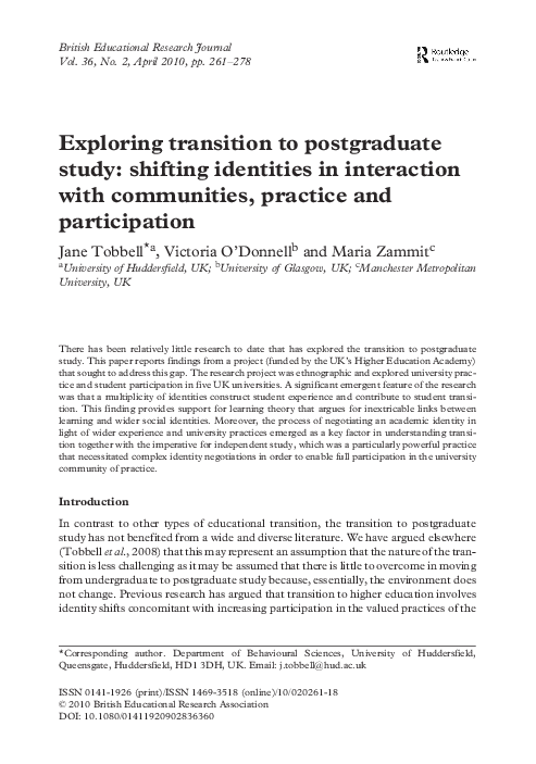 (PDF) Exploring transition to postgraduate study: shifting identities ...