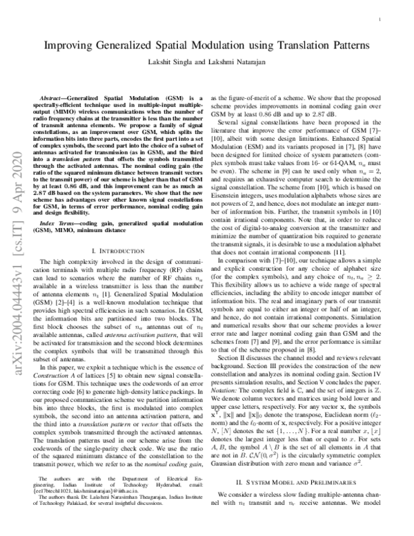 Pdf Improving Generalized Spatial Modulation Using Translation Patterns