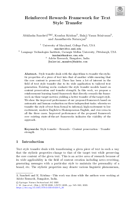 (PDF) Reinforced Rewards Framework for Text Style Transfer
