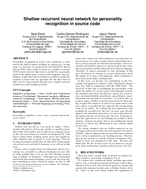 Pdf Shallow Recurrent Neural Network For Personality Recognition In Source Code