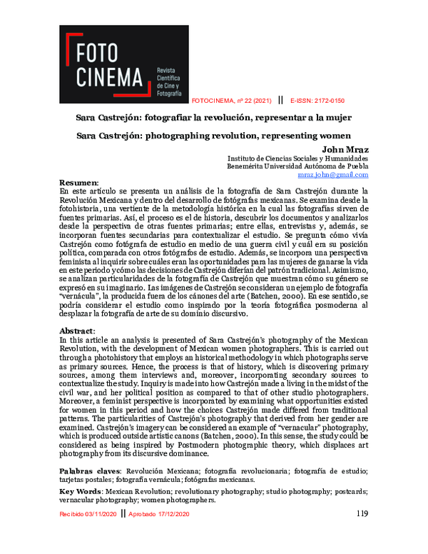 (PDF) Sara Castrejón: fotografiar la revolución, representar a la mujer