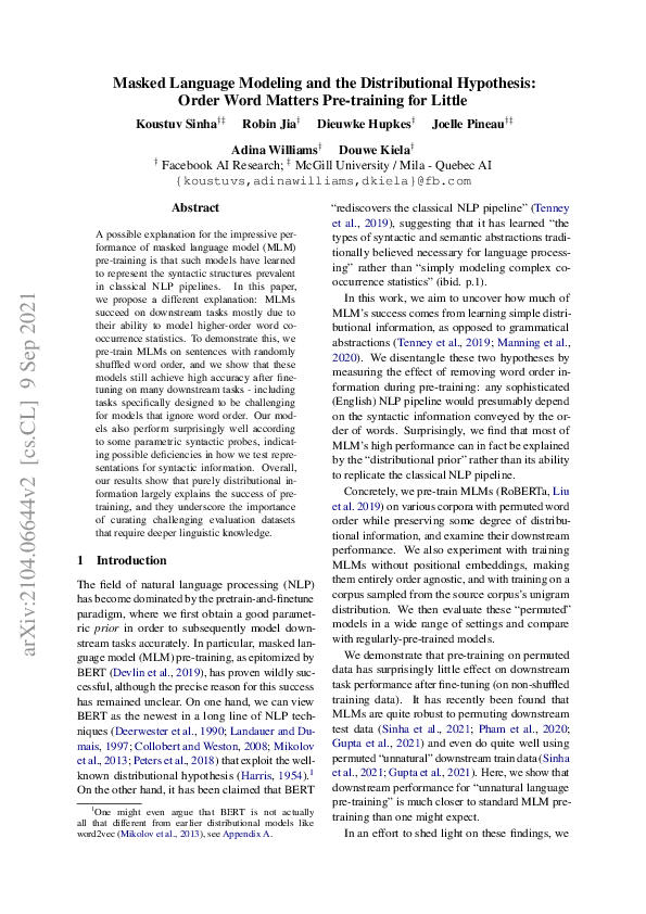 (PDF) Masked Language Modeling and the Distributional Hypothesis: Order ...