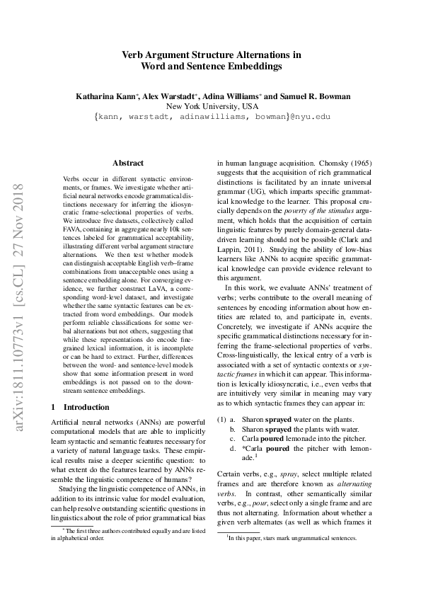 (PDF) Verb Argument Structure Alternations in Word and Sentence Embeddings