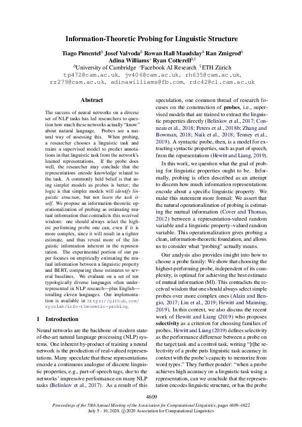 (PDF) Information-Theoretic Probing for Linguistic Structure