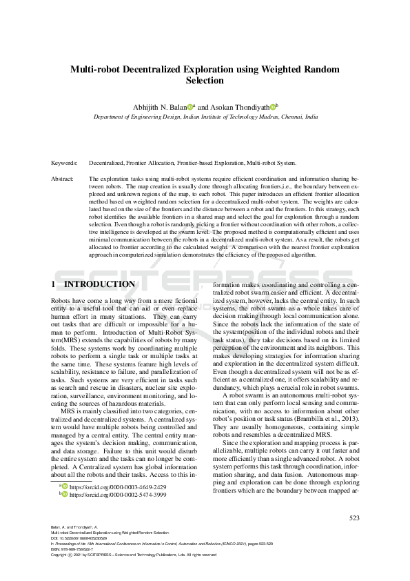 Pdf Multi Robot Decentralized Exploration Using Weighted Random Selection