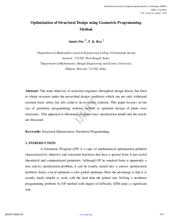 Pdf Optimization Of Structural Design Using Geometric Programming Method