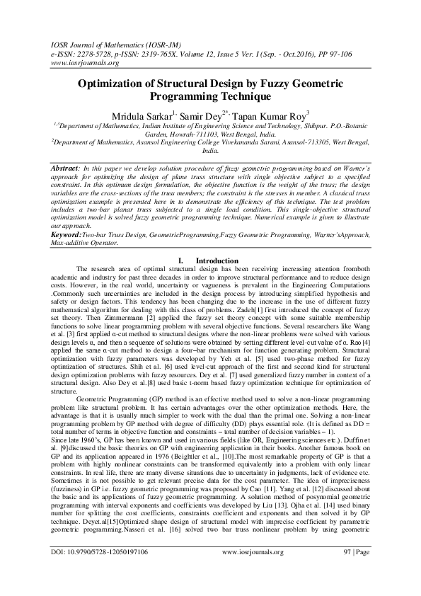 Pdf Optimization Of Structural Design By Fuzzy Geometric Programming Technique