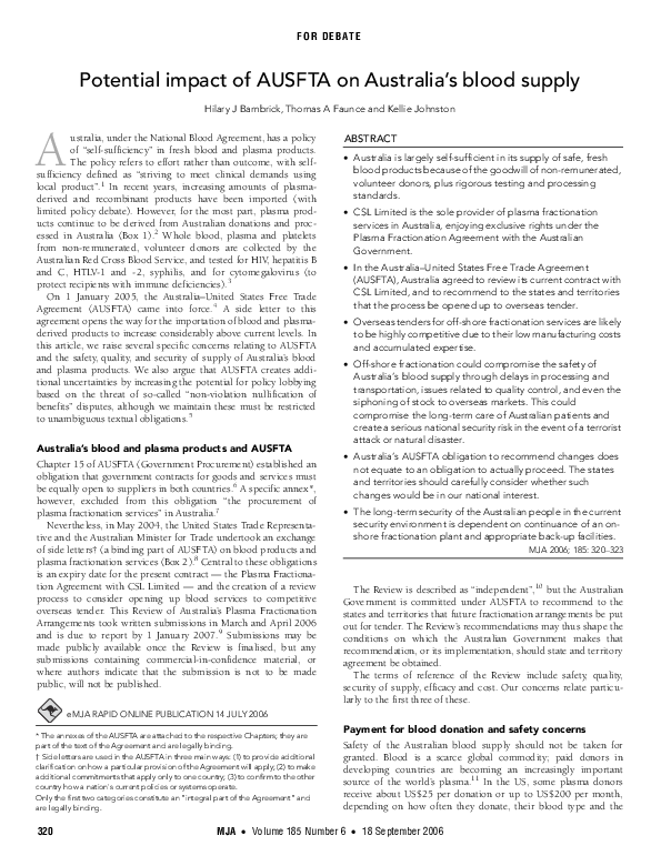 (PDF) Potential impact of AUSFTA on Australia's blood supply