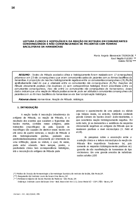 (PDF) Leitura Clinica e Histológica Da Reação De Mitsuda Em ...