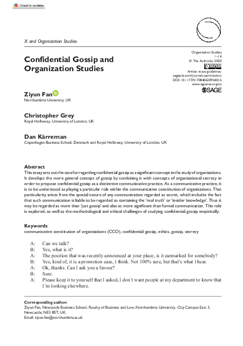 (PDF) Confidential Gossip and Organization Studies