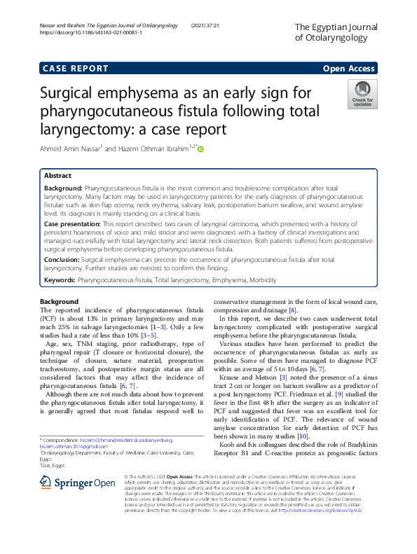 (PDF) Surgical emphysema as an early sign for pharyngocutaneous fistula ...