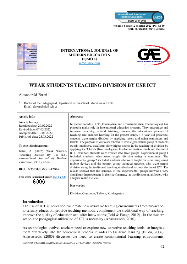 (PDF) Weak students teaching division by use ICT