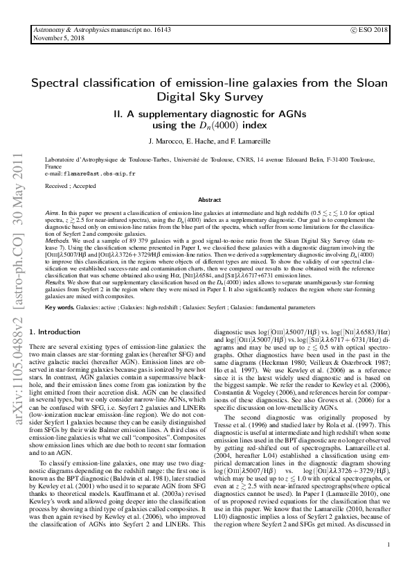 (PDF) Spectral classification of emission-line galaxies from the Sloan Digital Sky Survey. II. A ...
