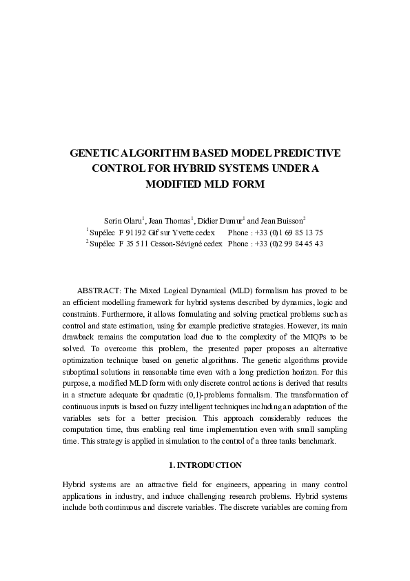 (PDF) Genetic algorithm based model predictive Control for hybrid systems under a modified MLD form