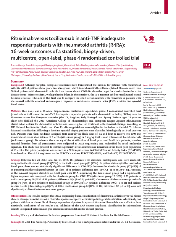 (PDF) Rituximab versus tocilizumab in anti-TNF inadequate responder ...