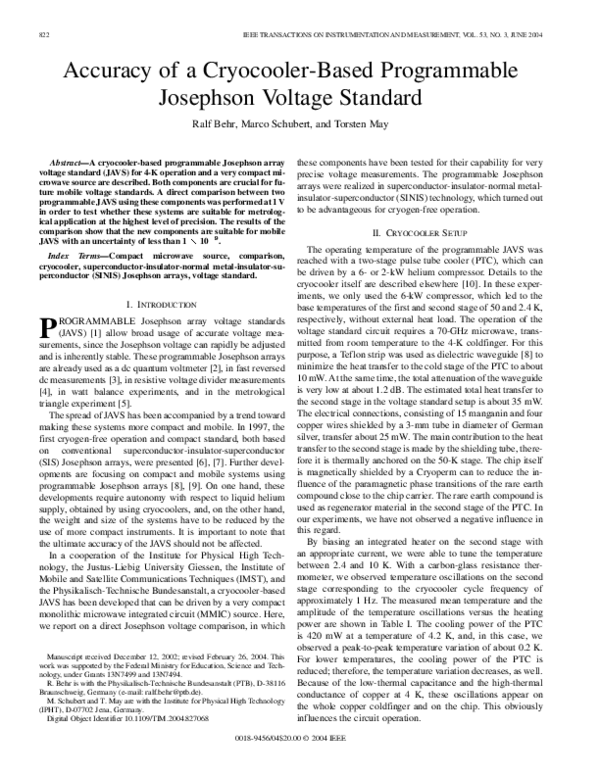 (PDF) Accuracy of a cryocooler-based programmable Josephson voltage standard
