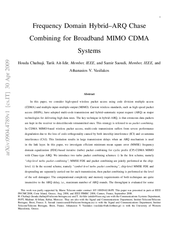 (PDF) Frequency Domain Hybrid–ARQ Chase Combining for Broadband MIMO CDMA Systems