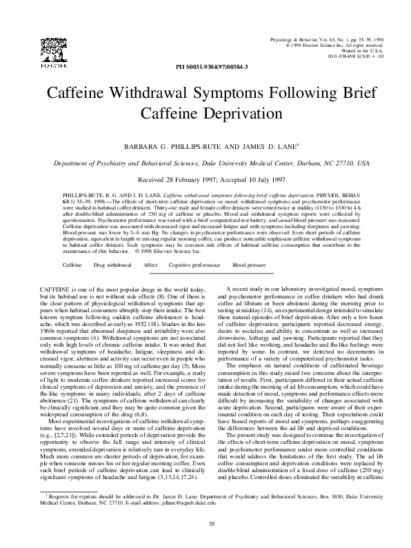 (PDF) Caffeine Withdrawal Symptoms Following Brief Caffeine Deprivation