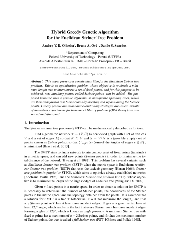 Pdf Hybrid Greedy Genetic Algorithm For The Euclidean Steiner Tree Problem 9136