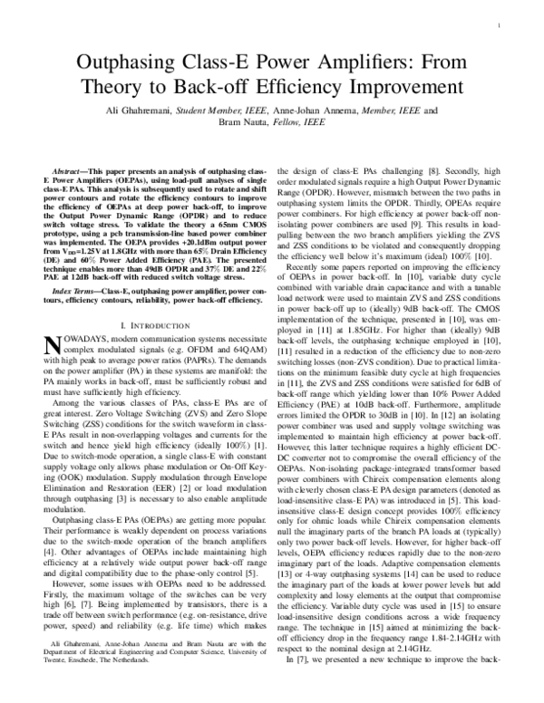 (PDF) Outphasing Class-E Power Amplifiers: From Theory to Back-Off Efficiency Improvement