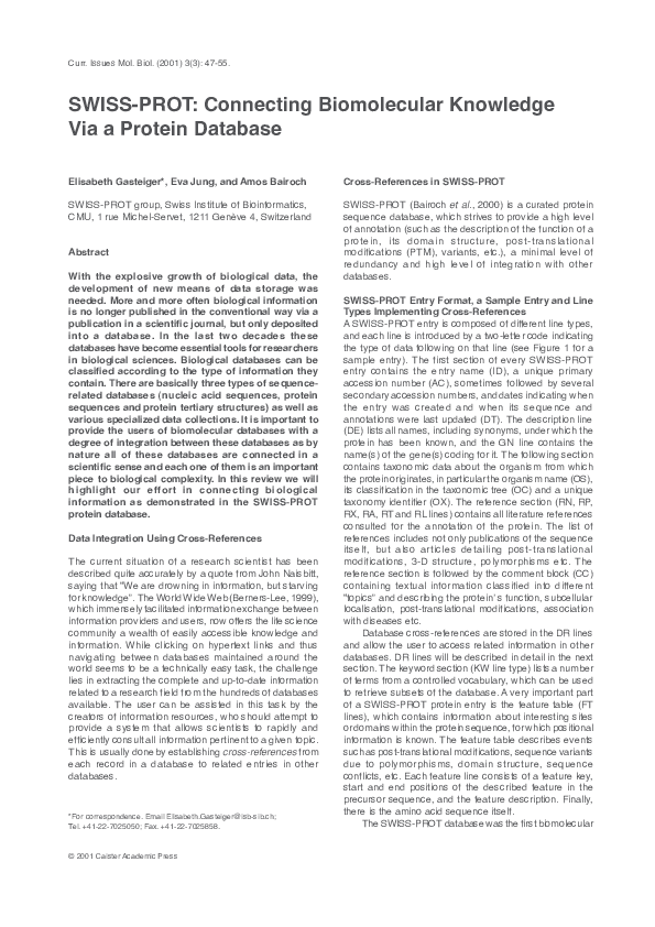 (PDF) SWISS-PROT: connecting biomolecular knowledge via a protein database