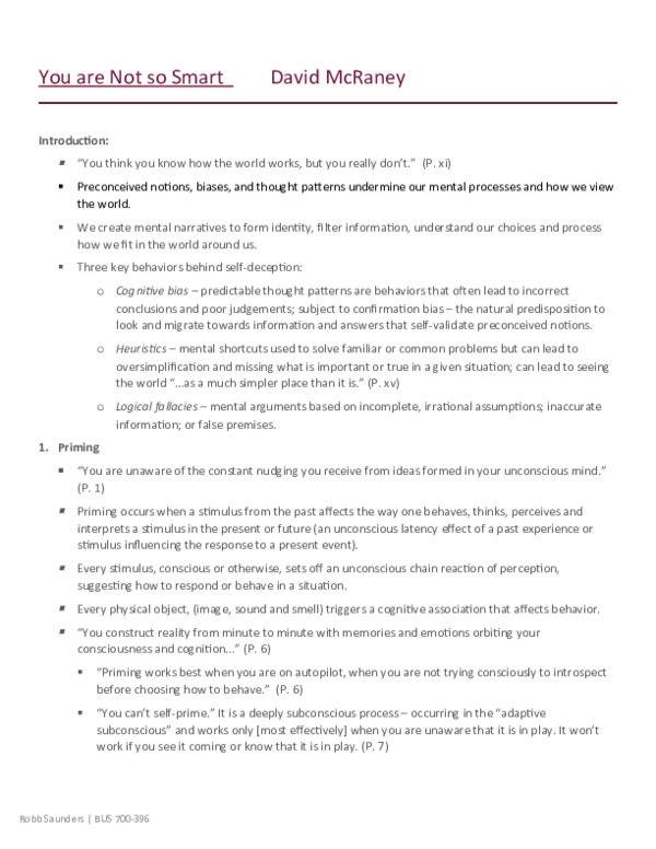 (DOC) You are Not so Smart - by David McRaney - Book Summary