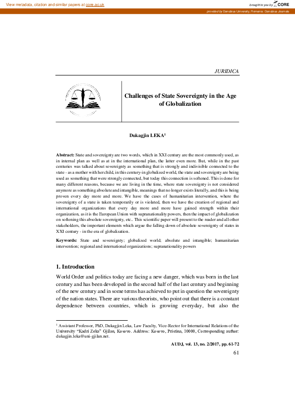 (PDF) Challenges of State Sovereignty in the Age of Globalization