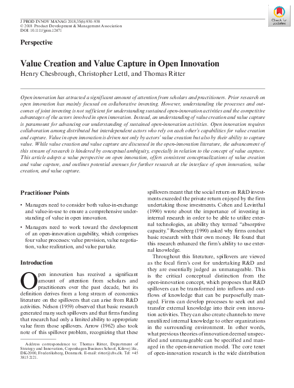 (PDF) Value Creation and Value Capture in Open Innovation