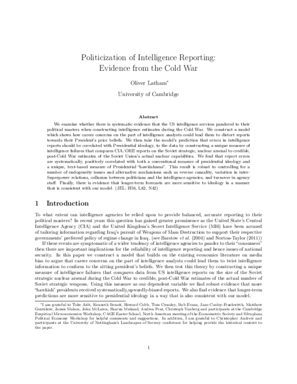 (PDF) Politicization of Intelligence Reporting: Evidence from the Cold War