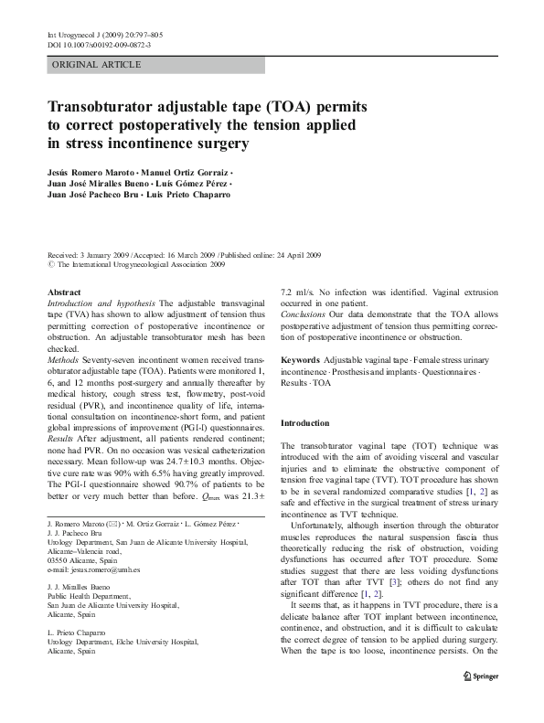 (PDF) Transobturator adjustable tape (TOA) permits to correct ...