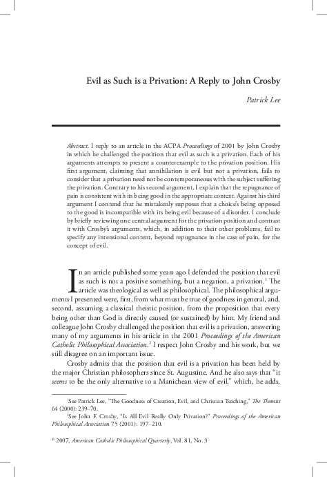 (PDF) Evil as Such Is a Privation