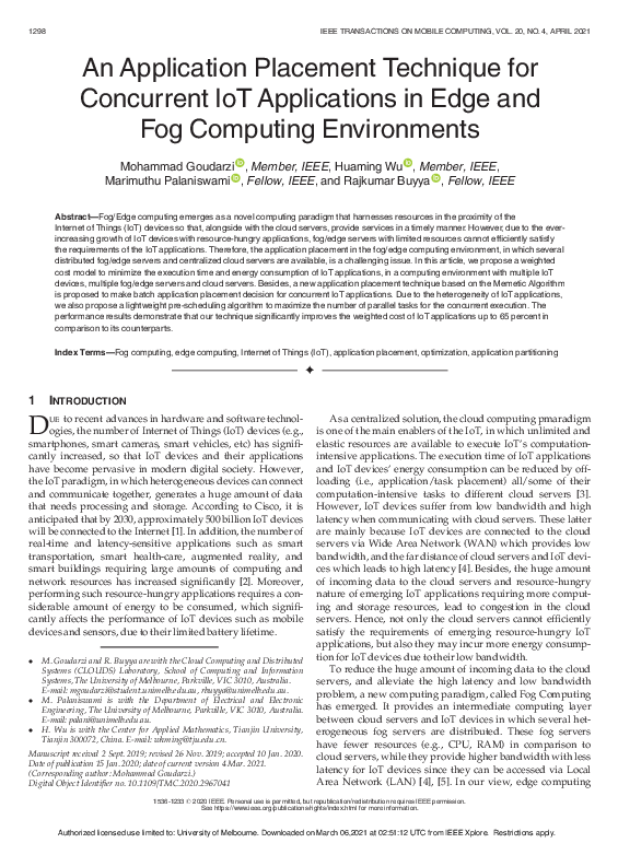 Pdf An Application Placement Technique For Concurrent Iot Applications In Edge And Fog