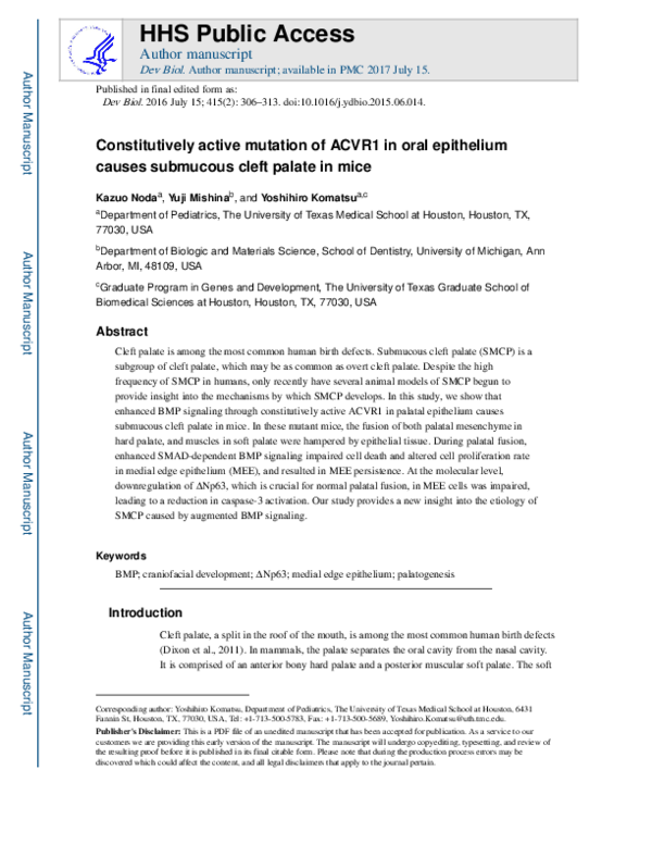 (PDF) Constitutively active mutation of ACVR1 in oral epithelium causes ...