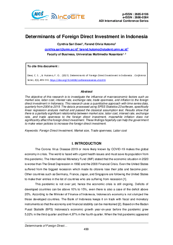 (PDF) Determinants of Foreign Direct Investment in Indonesia