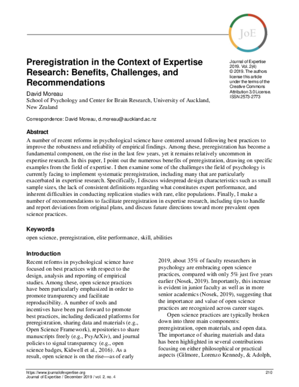 (PDF) Preregistration in the Context of Expertise Research: Benefits ...